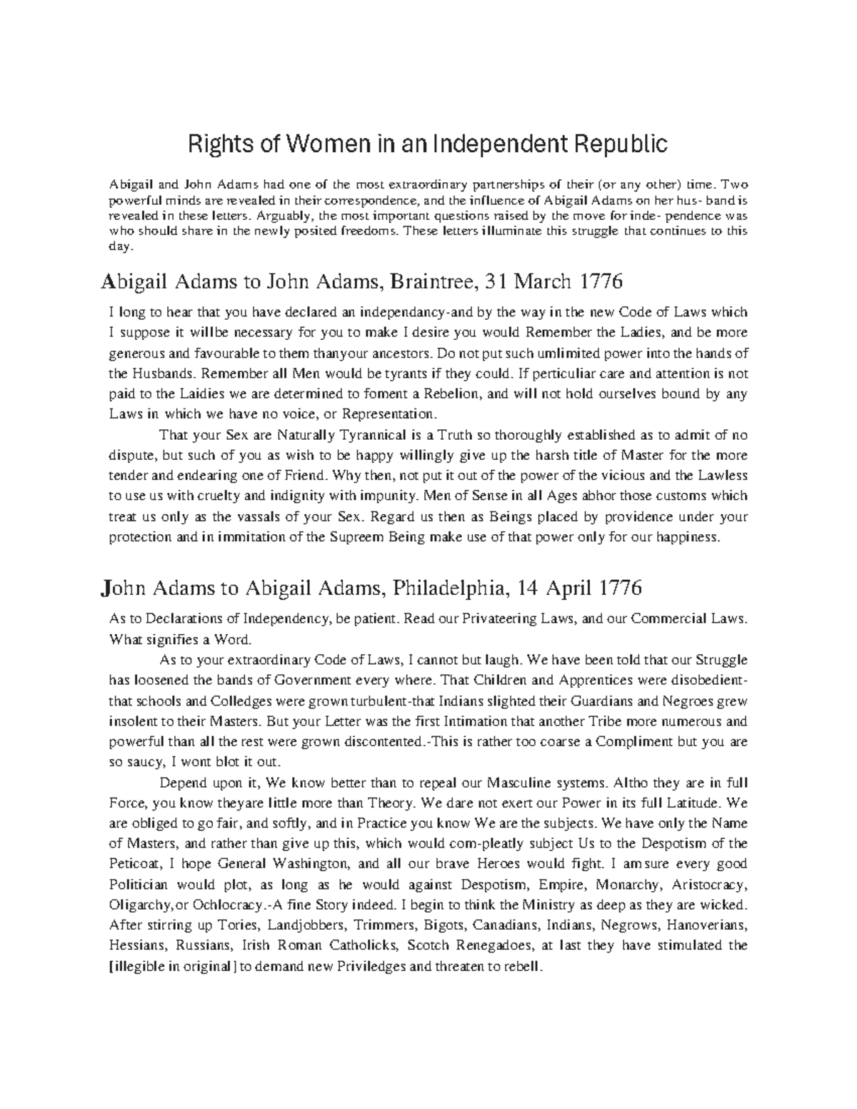 Adams Letters: Rethinking Women's Rights in an Independent Republic ...