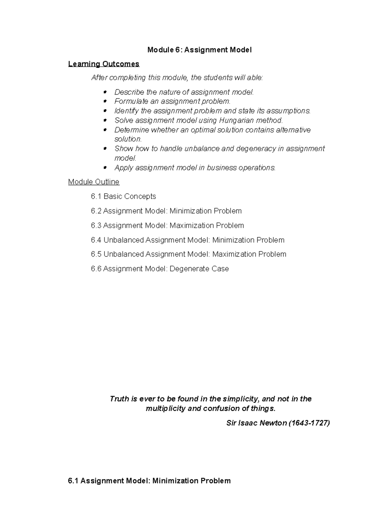 Acctg 101: Module 6 - Assignment Model and Hungarian Method - Studocu