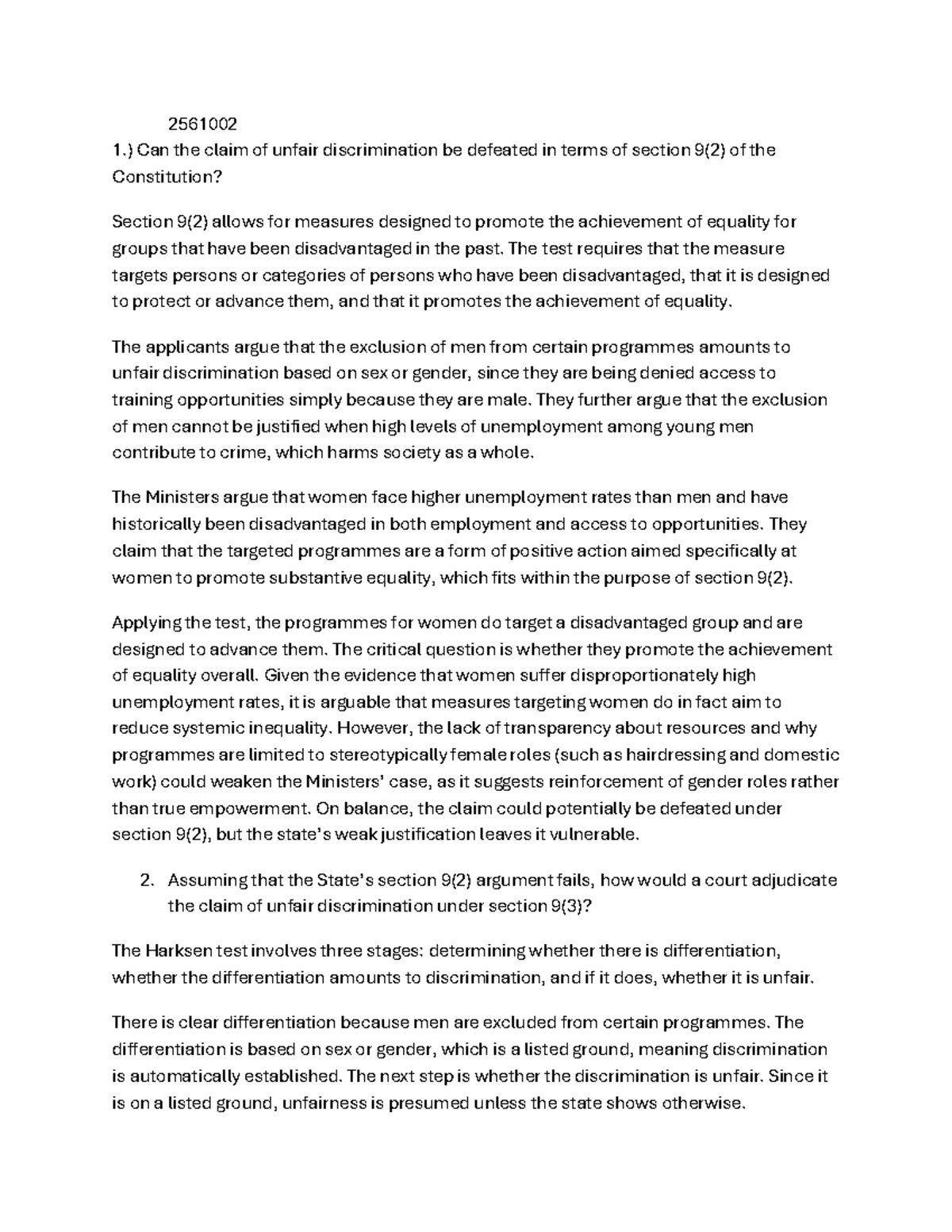 2561002 Case Study: Unfair Discrimination & Section 9 Analysis - Studocu