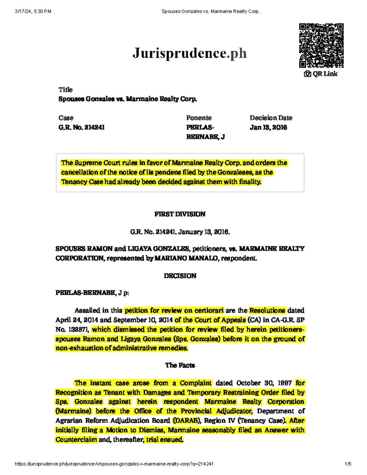 G.R. No. 214241: Spouses Gonzales vs. Marmaine Realty Corp. Case ...