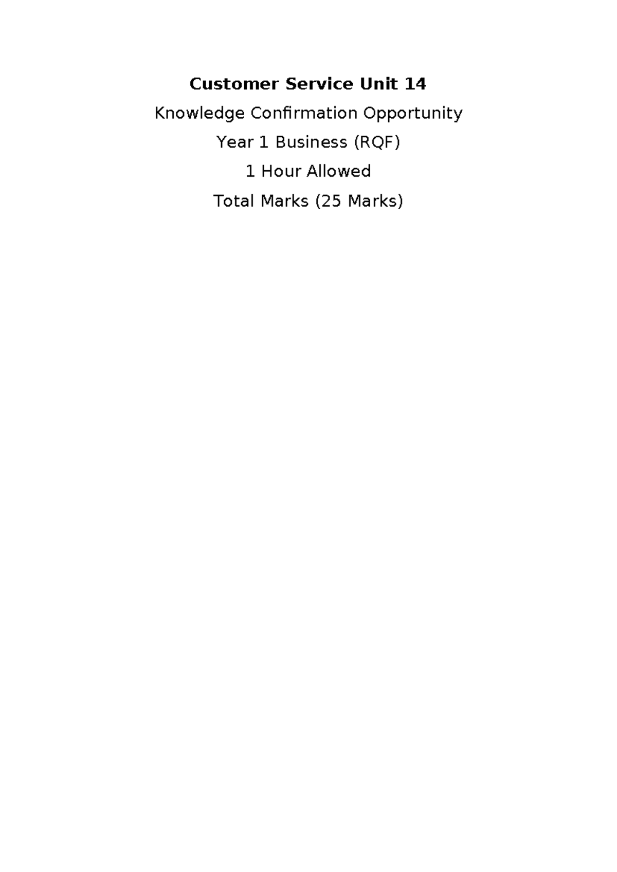 Unit 14 Customer Service Knowlege Confirmation Test - Customer Service ...