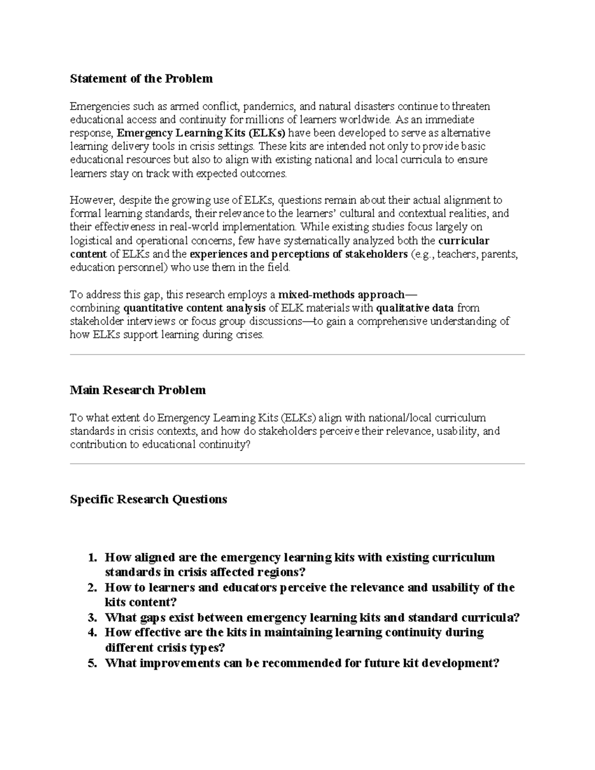 Research on Emergency Learning Kits (ELKs) in Crisis Contexts - Studocu