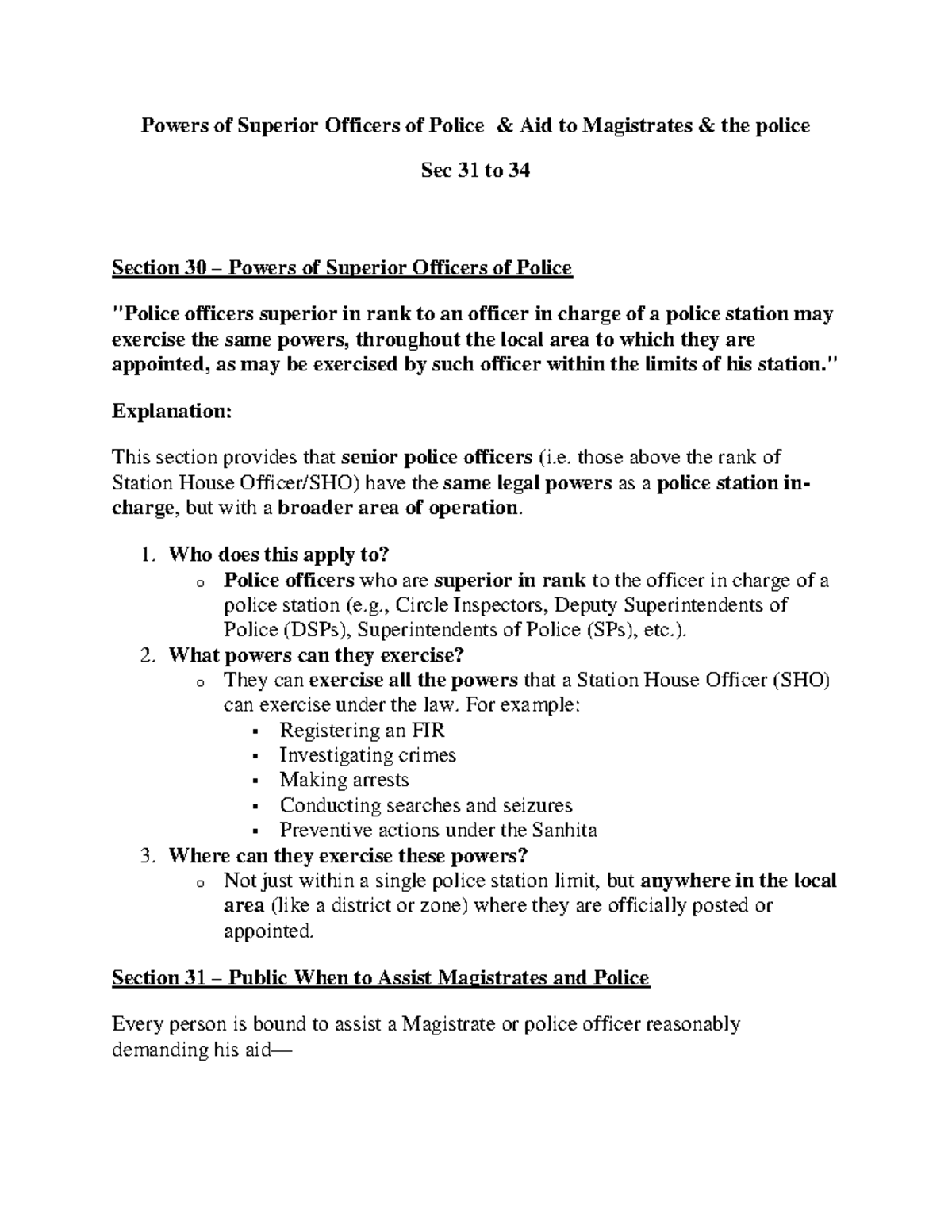 Sec 30-34 BNSS: Powers of Police Officers & Public Duties - Studocu