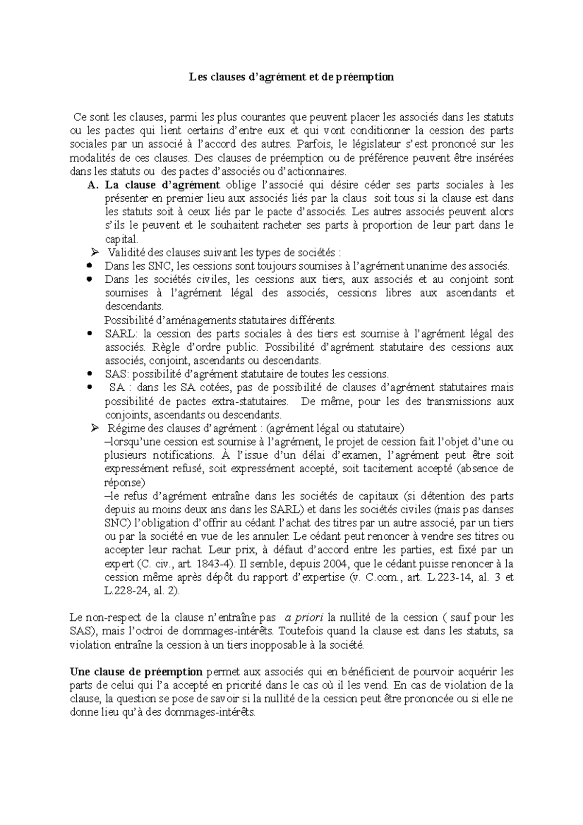 Fiche 18Clausesdagrémentetdepréemption - Les clauses d’agrément et de ...