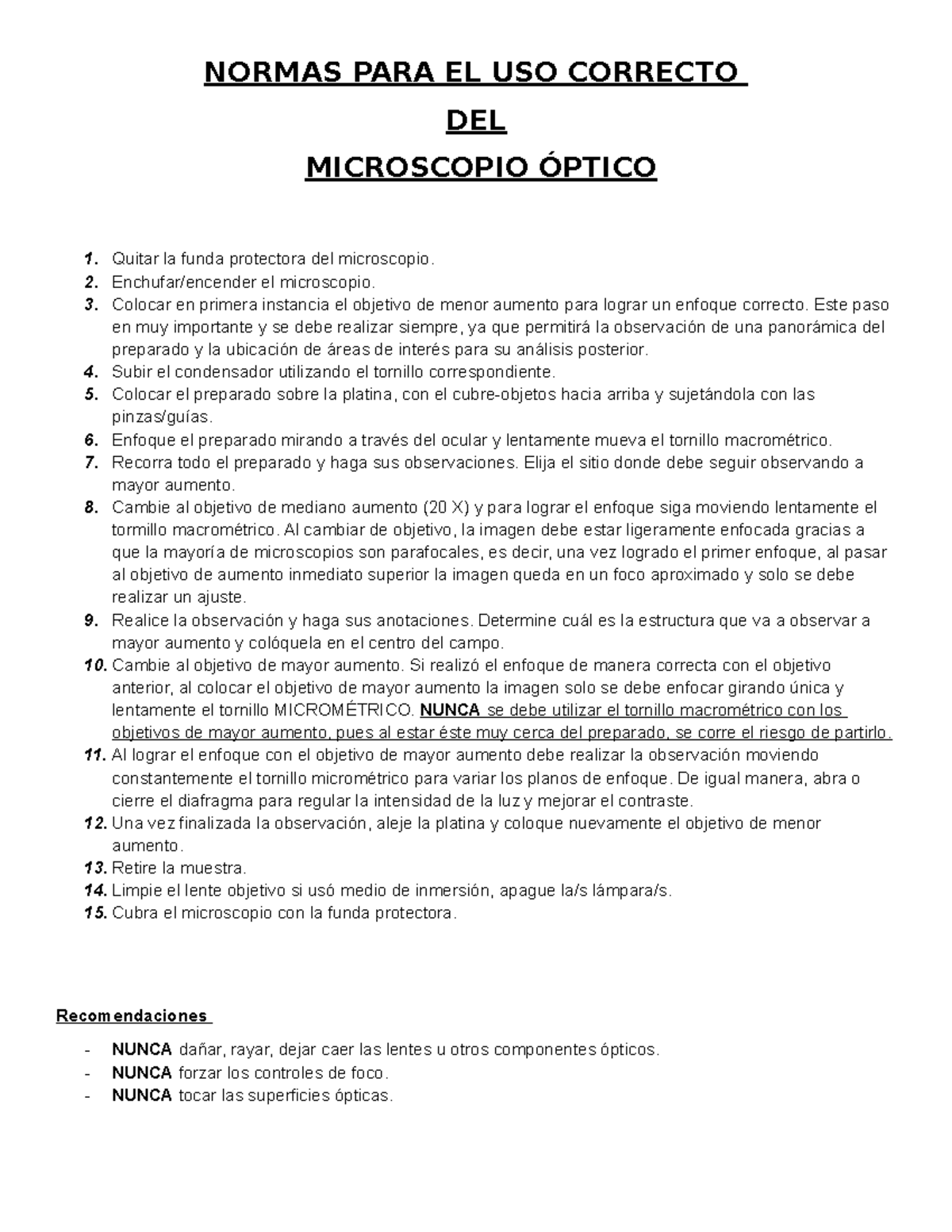 Hoja De Trabajo Sobre El Uso Del Microscopio