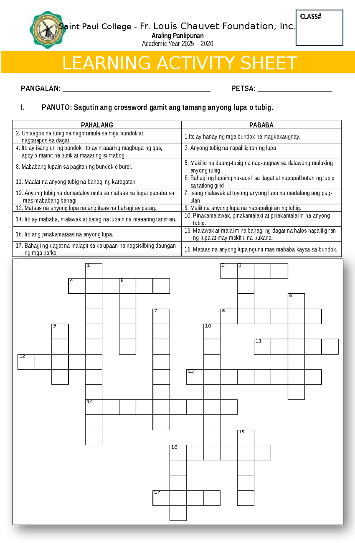 Araling Panlipunan 8: Crossword Activity Sheet for AY 2025-2026 - Studocu