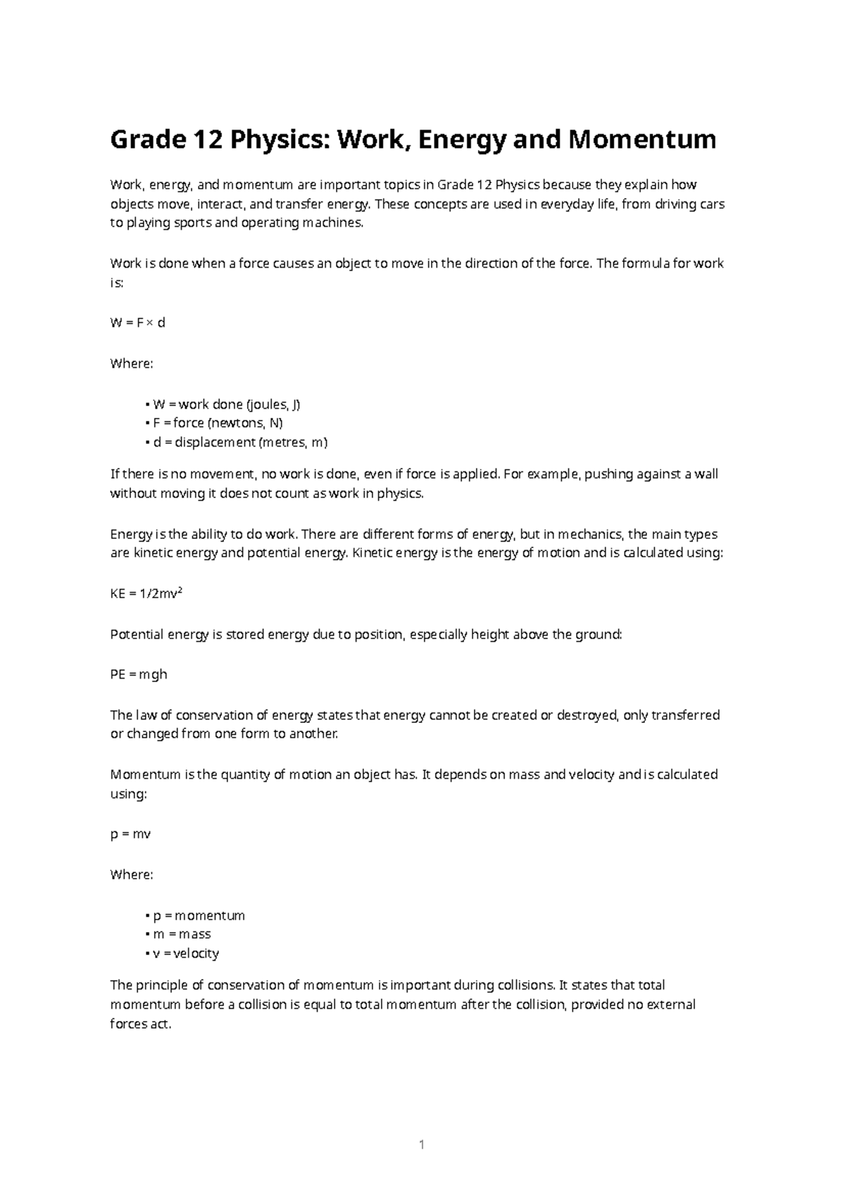 Grade 12 Physics: Work, Energy, and Momentum Concepts - Studocu