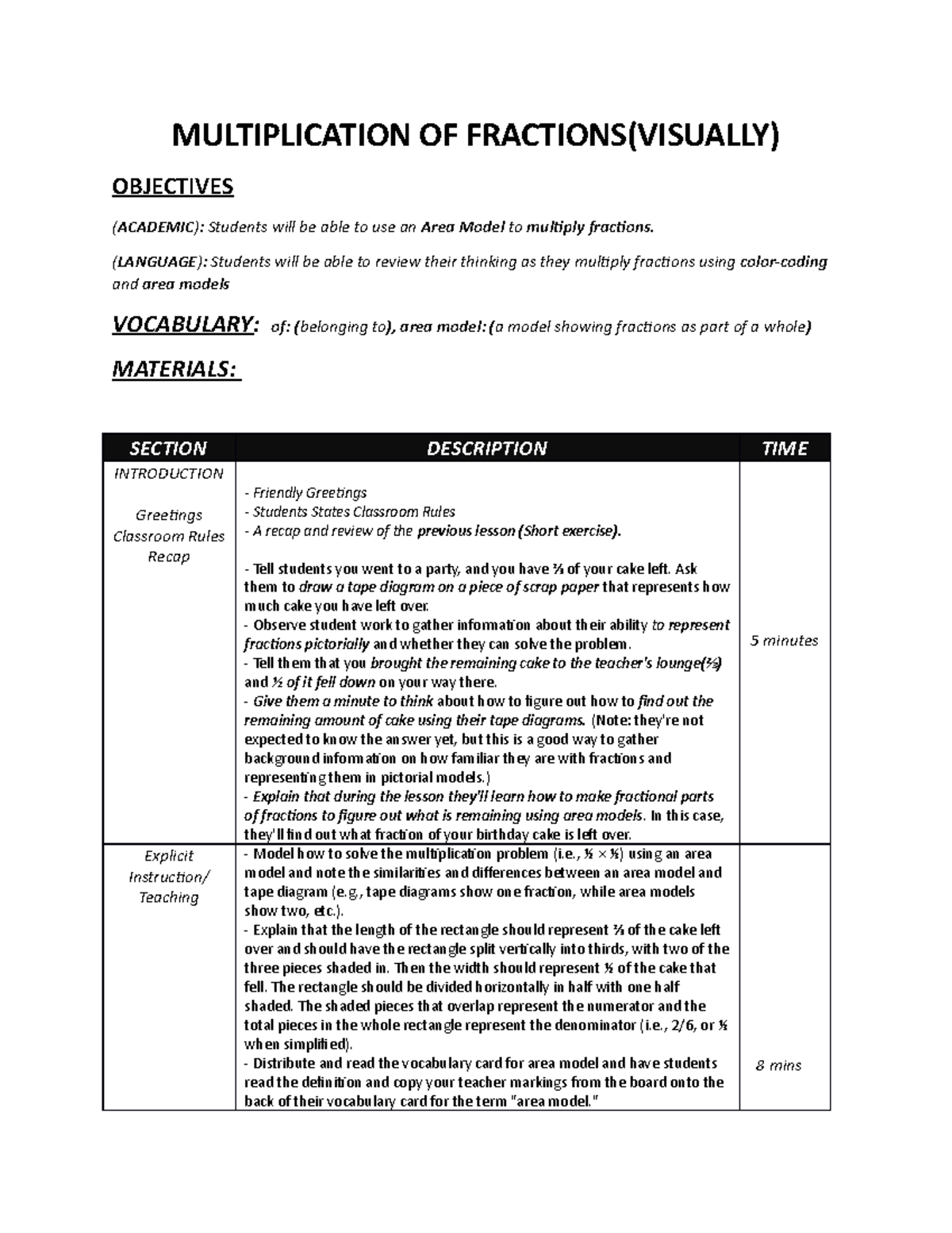 Grade 5 Lesson Plan: Visual Area Models for Multiplying Fractions - Studocu