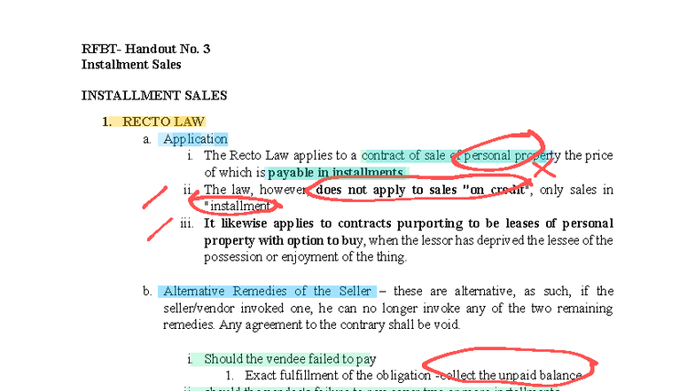 Handout No. 3: Installment Sales Overview and Legal Framework - Studocu