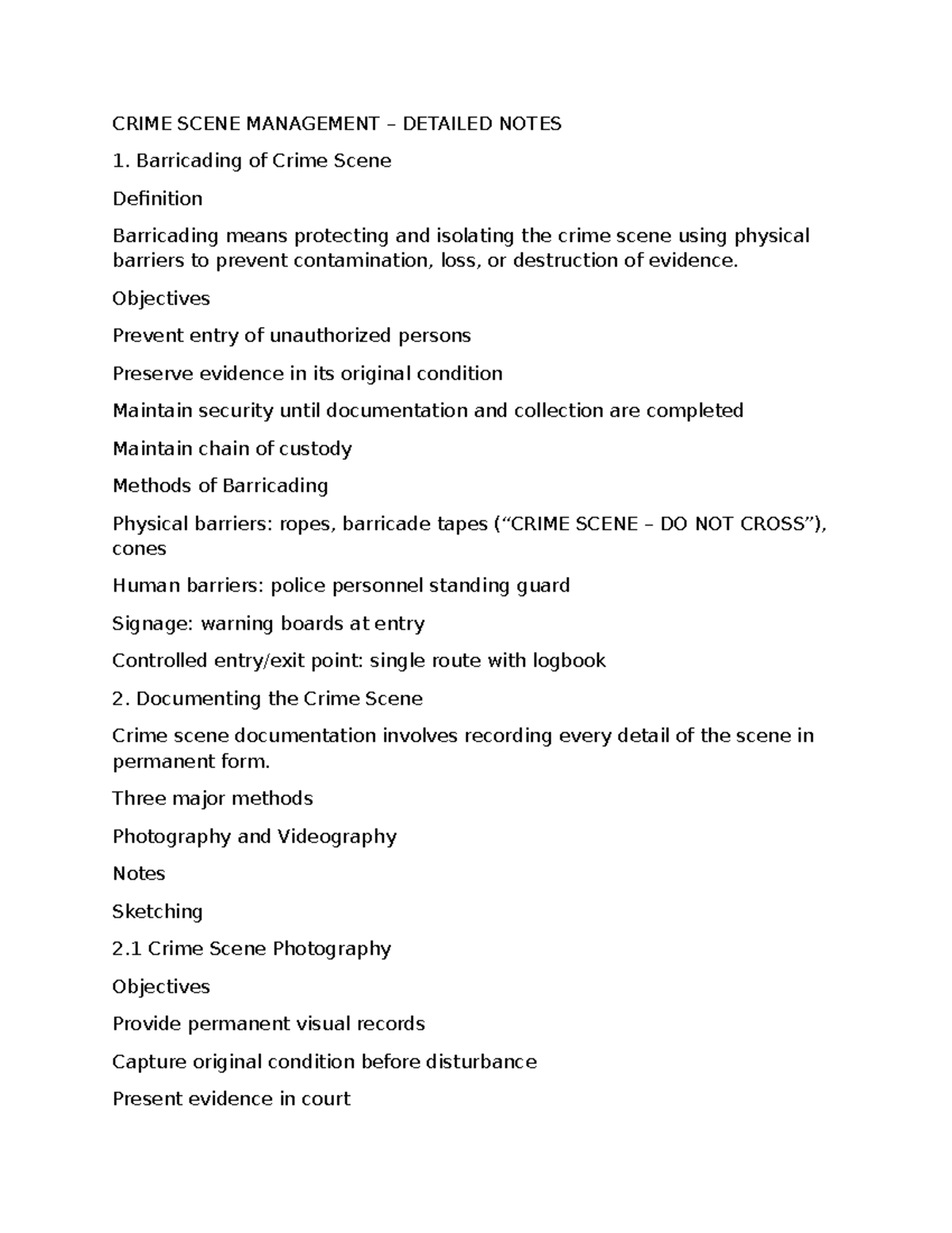Forensic Science: Crime Scene Management Detailed Notes - Studocu