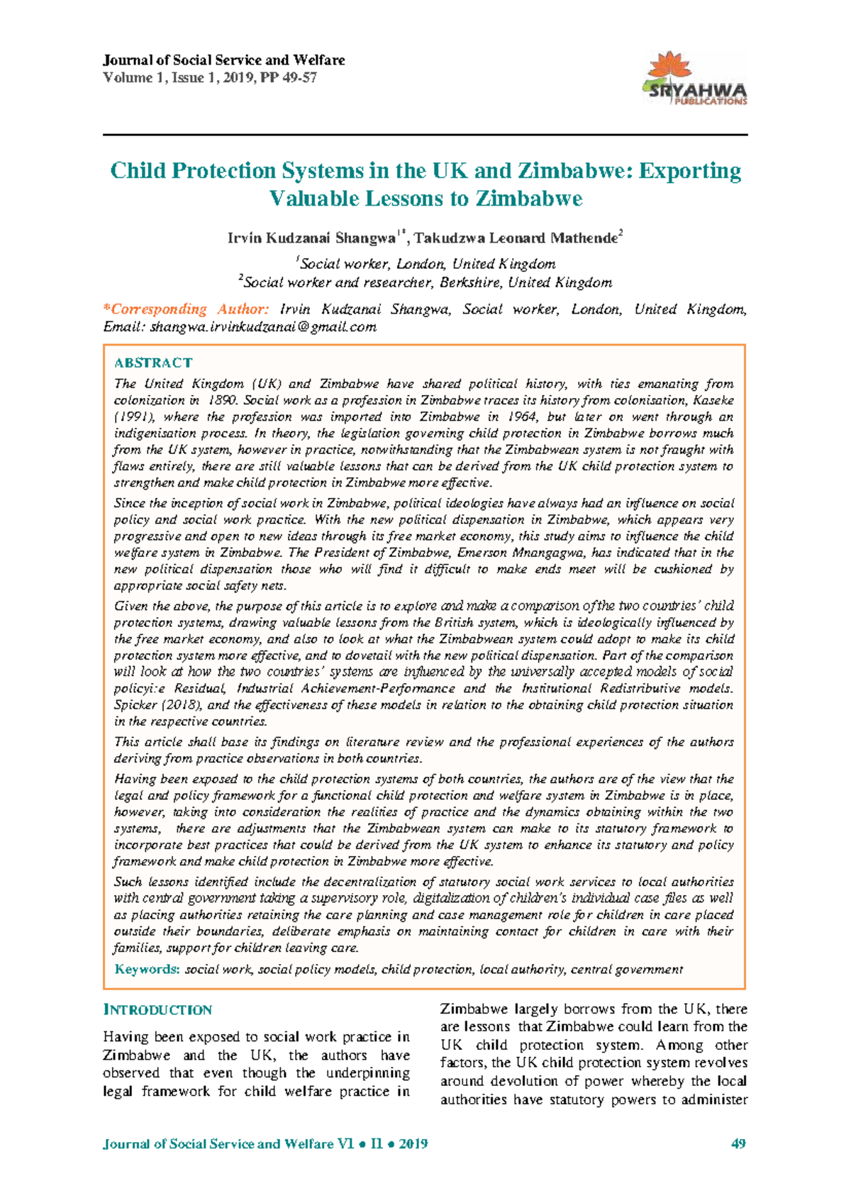 Child Protection Systems in the UK and Zimbabwe: Lessons Learned (SSW ...