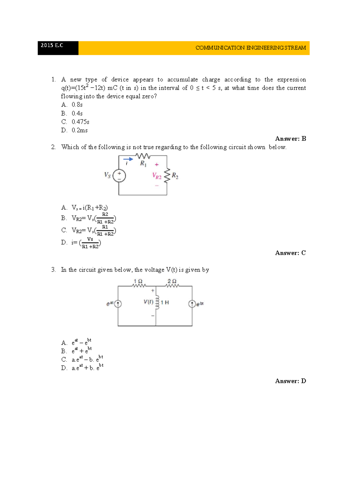 2015 E.C COMMUNICATION ENGINEERING STREAM Model Common Exam Questions ...