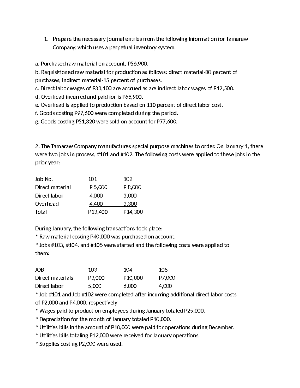 JOB Order Costing Activity 9: Journal Entries for Tamaraw Co. - Studocu