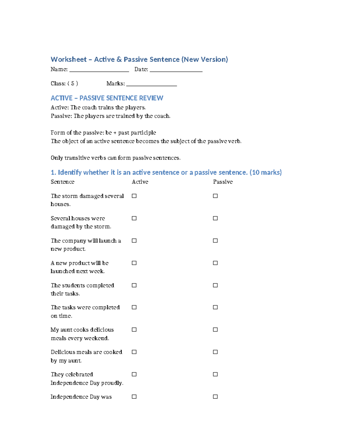 Active and Passive Sentences Worksheet (New Version) - Studocu