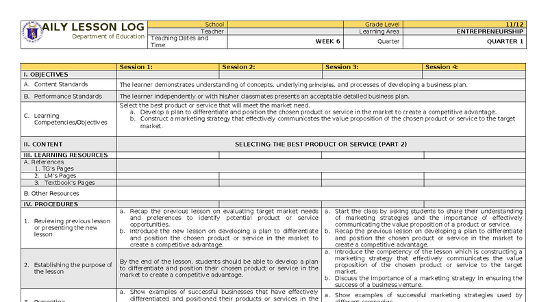 Entrep Q1 WEEK 6 - Daily Lesson Log on Business Plan Development - Studocu