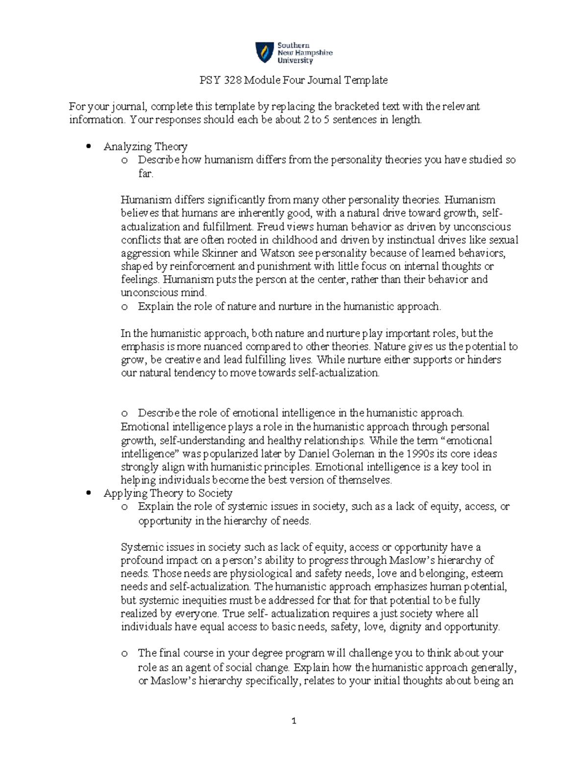 PSY 328 Module Four Journal: Analyzing Humanism and Its Impact - Studocu
