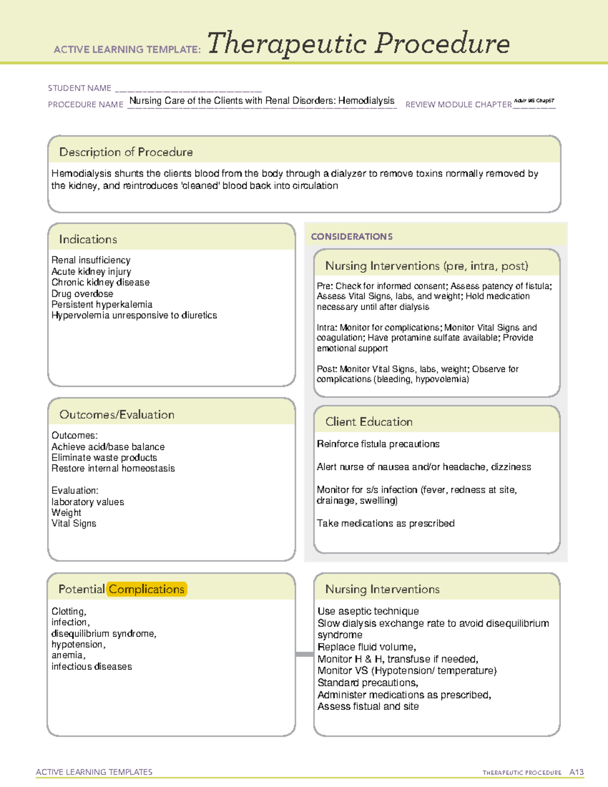 ATI Therapeutic Procedure: Hemodialysis Active Learning Template - Studocu