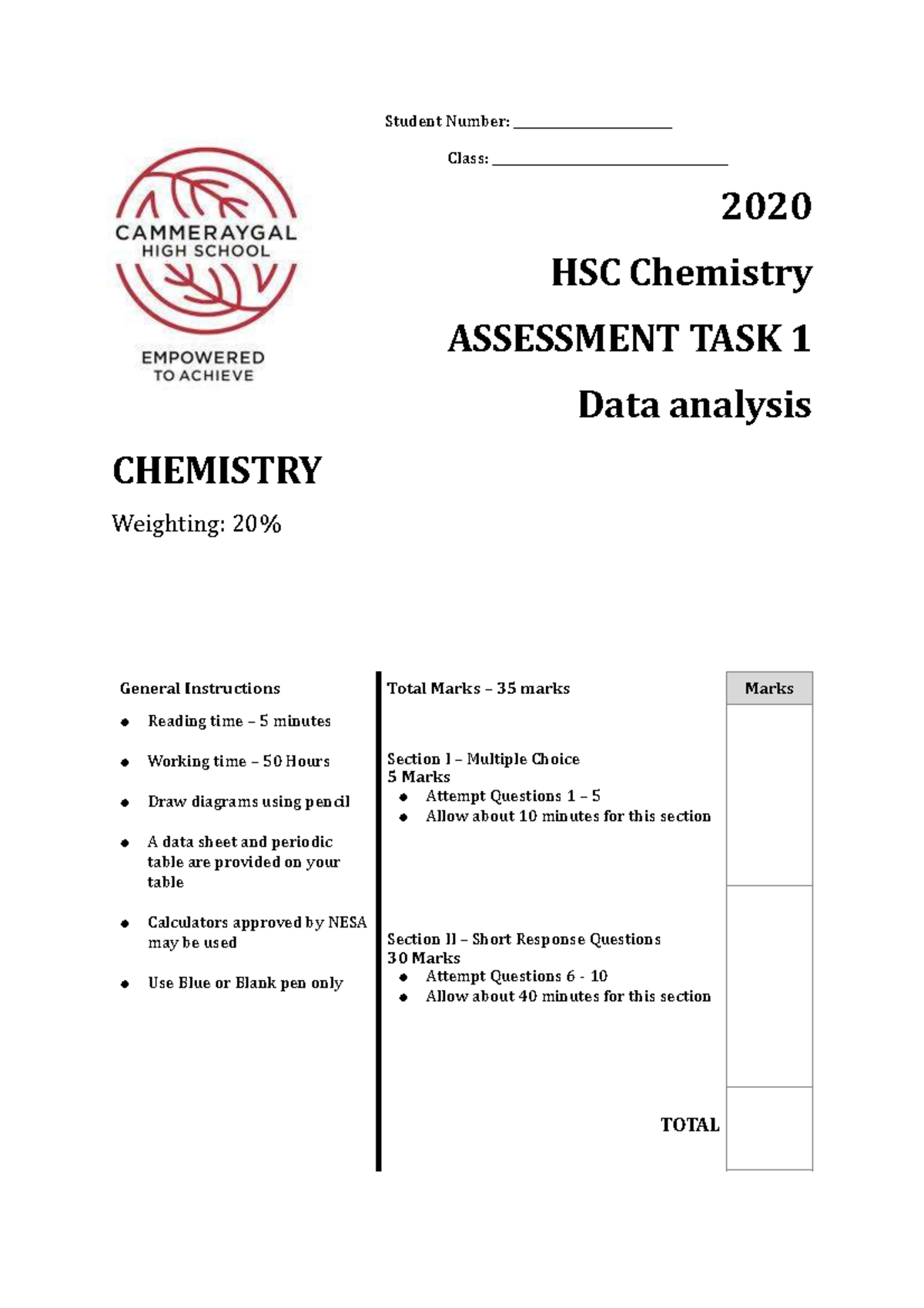 2020 HSC Chemistry Assessment Task 1: Data Analysis and Questions - Studocu
