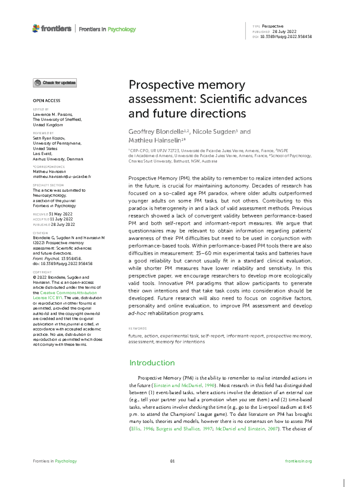 Prospective memory - TYPE Perspective PUBLISHED 28 July 2022 DOI 10. ...