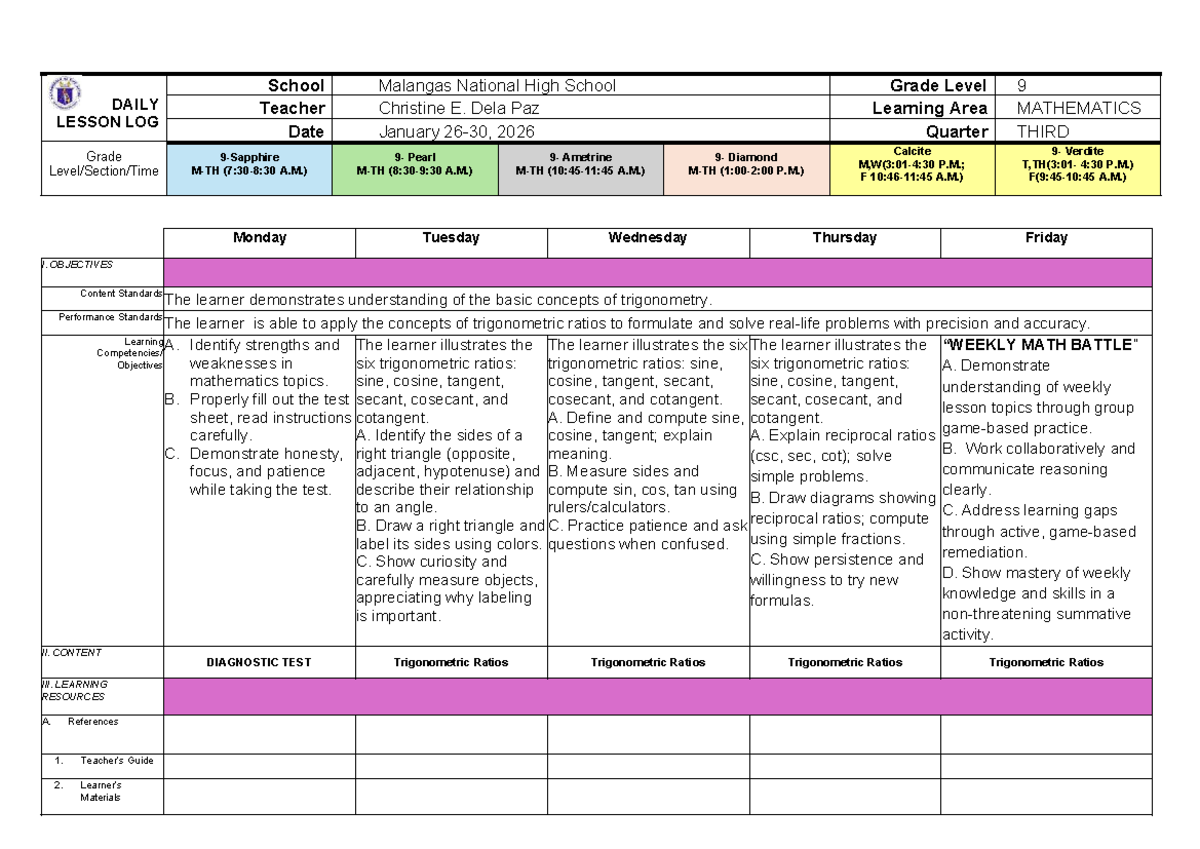 DLL 9 Q4 WEEK 1 - Trigonometry Lesson Plan - Studocu