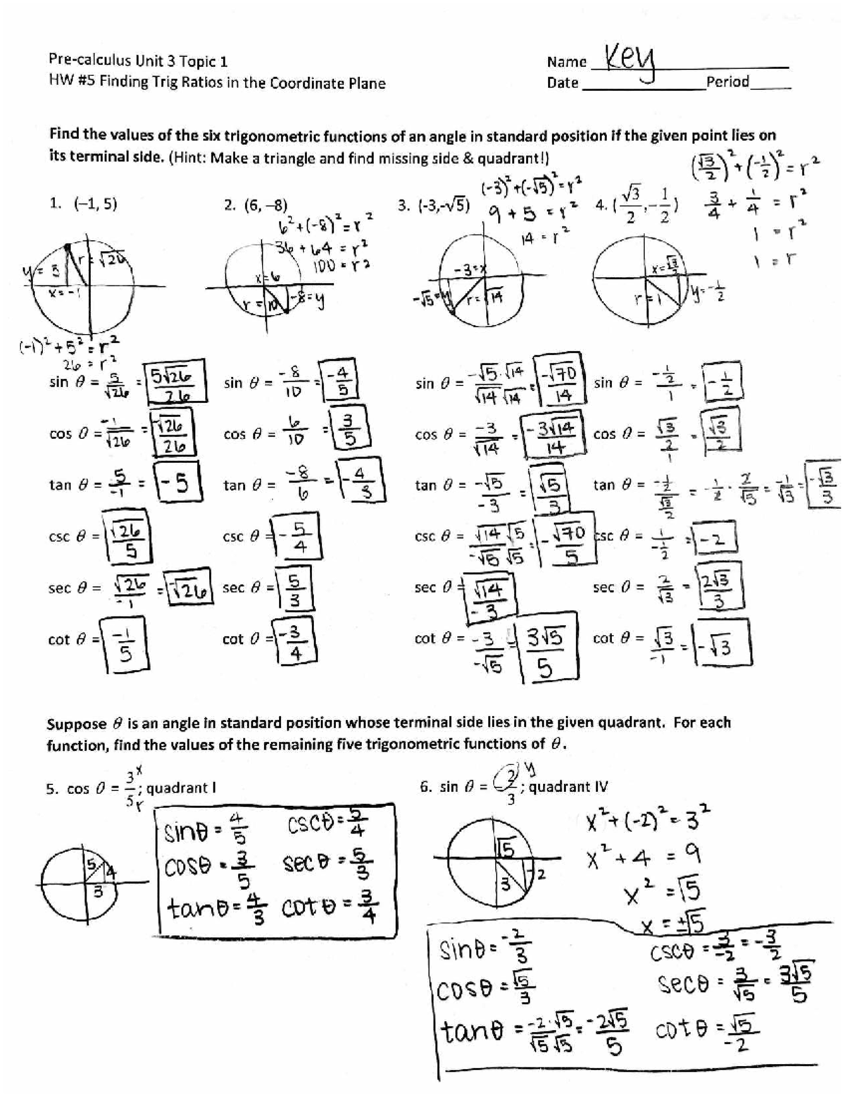 Unit 3 Topic 1: HW #4 Key - Finding Trig Ratios in the Coordinate Plane ...