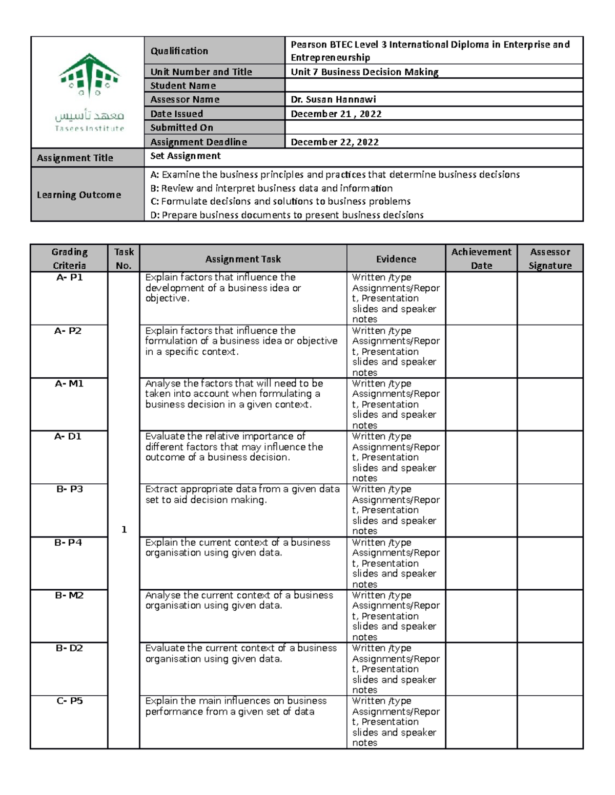 Unit 7 Business Decision Making - Set Assignment Overview - Studocu