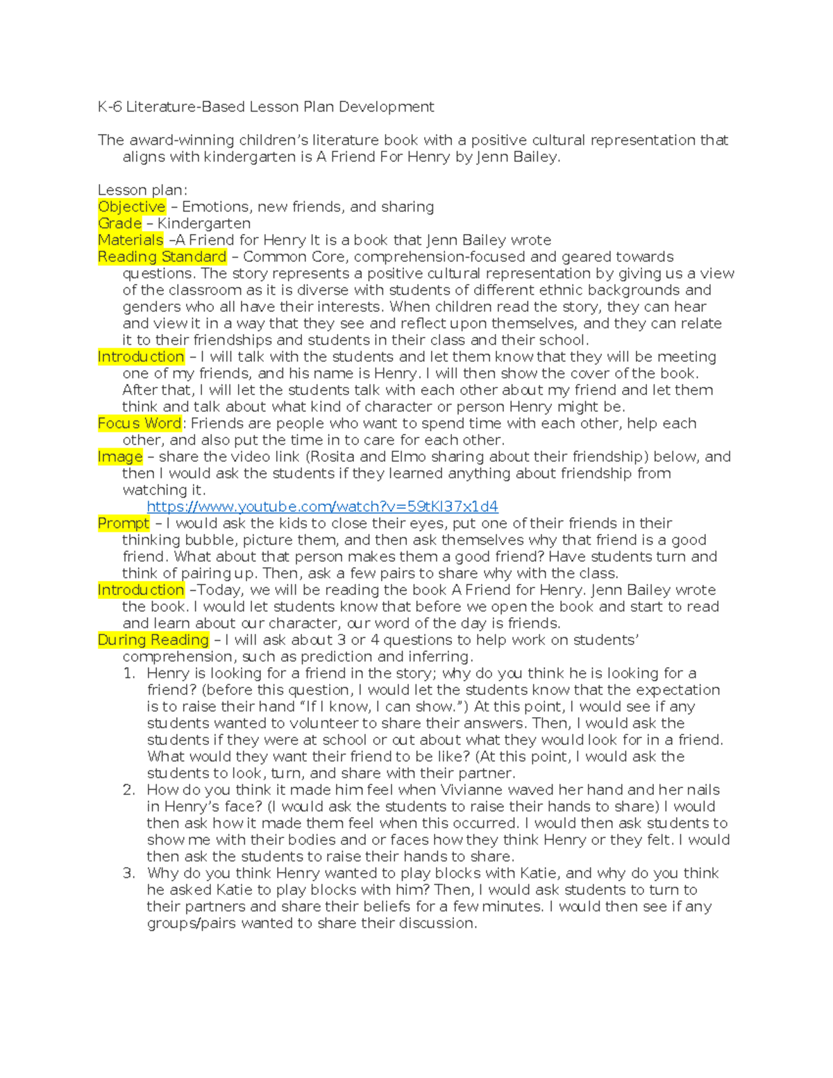 D696 Task 1: Literature-Based Lesson Plan for Kindergarten on ...