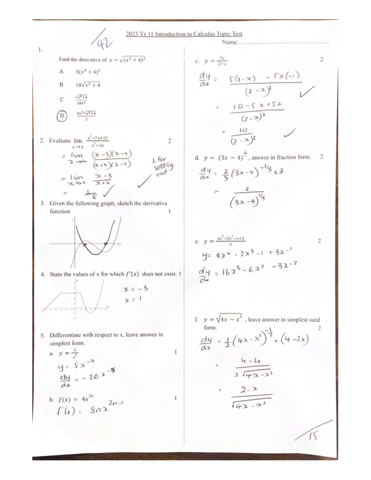 2023 Yr 11 Calculus Topic Test Solutions INBIEE - Studocu