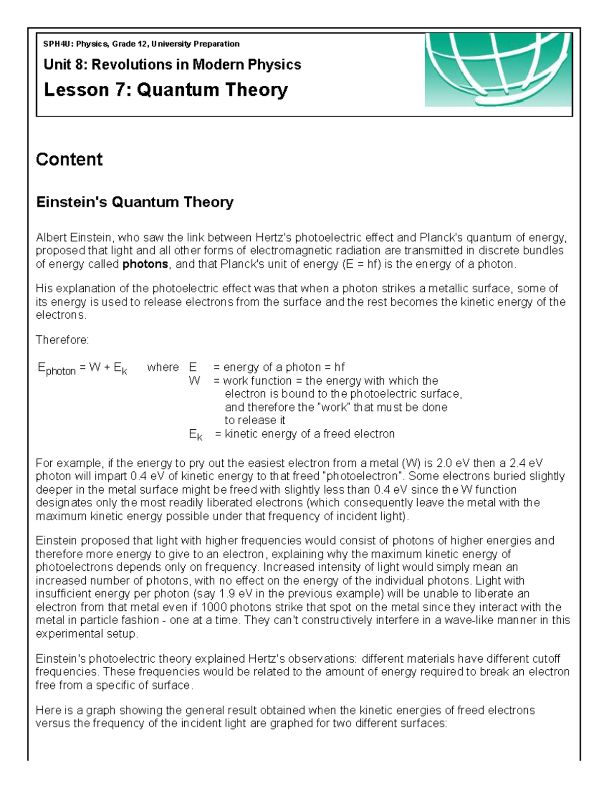 SPH4U: Grade 12 Physics Unit 8 Lesson 7 - Quantum Theory Insights - Studocu