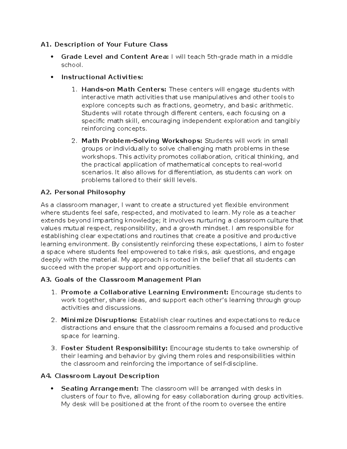 DKM3 Task 1 Classroom Management Plan - A1. Description of Your Future ...
