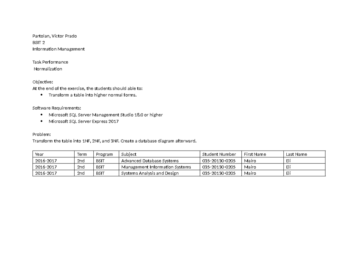 05 Task Performance 1: Normalization in Info Management (BSIT 2) - Studocu