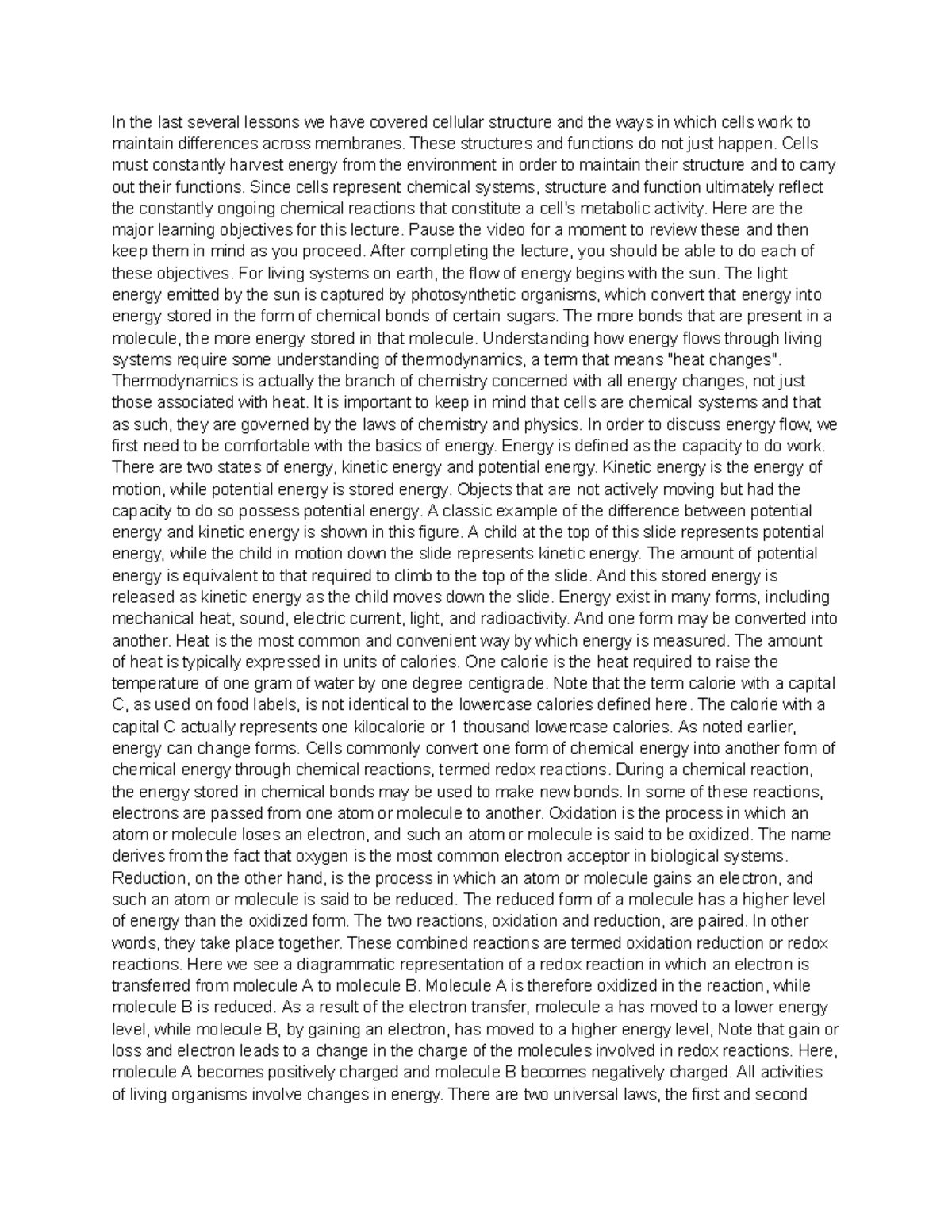 Biochemical Reactions & Thermodynamics: Energy Flow in Cells (BIO 101 ...