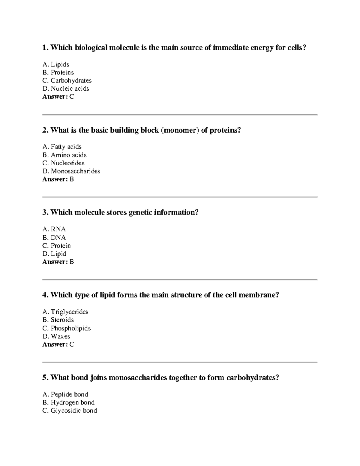 Biology 101: Quiz on Biological Molecules and Their Functions - Studocu