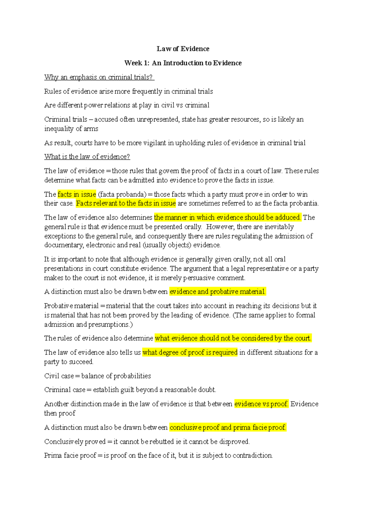 Law of Evidence lectures - Law of Evidence Week 1: An Introduction to Evidence Why an emphasis ...