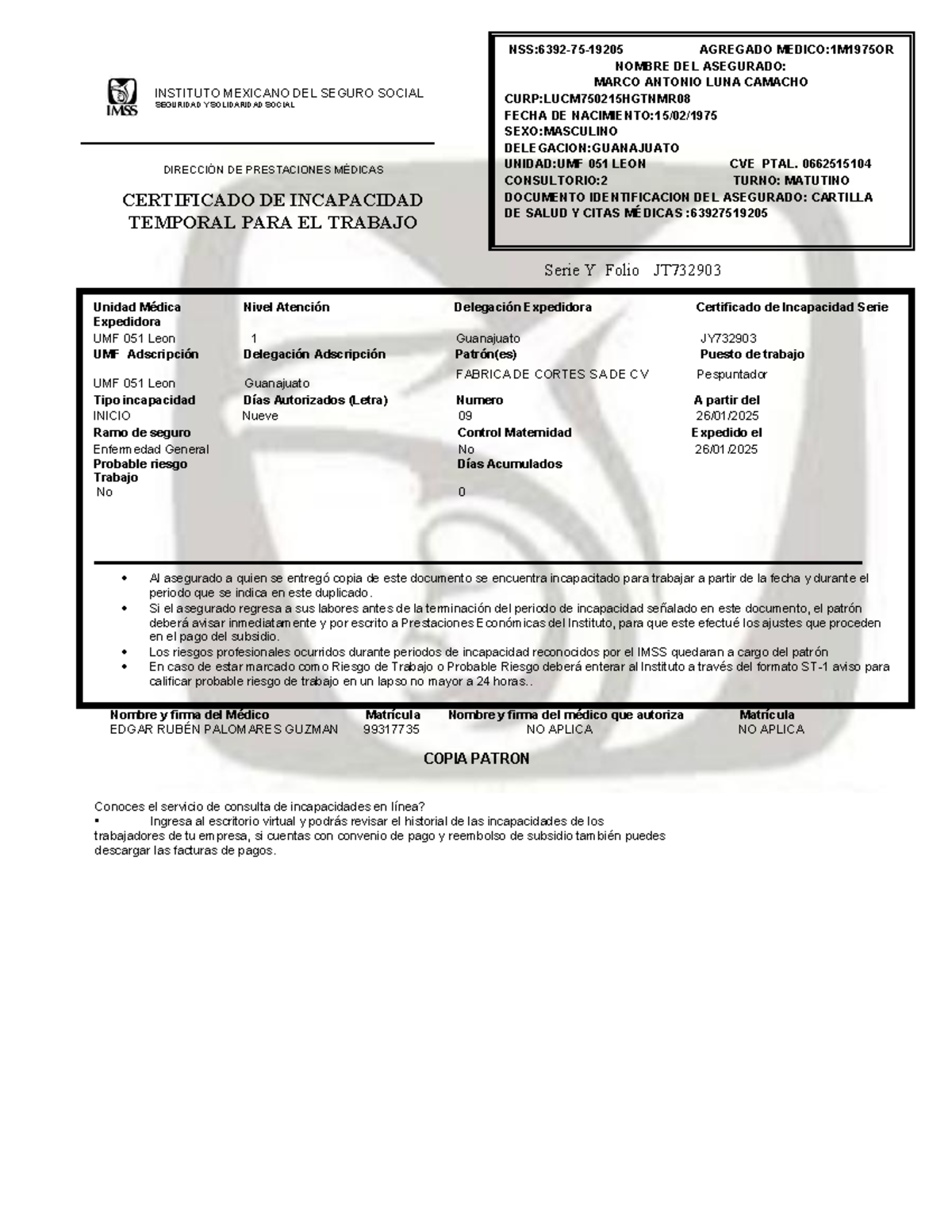 Certificado de Incapacidad Temporal IMSS: Marco Antonio Luna Camacho ...