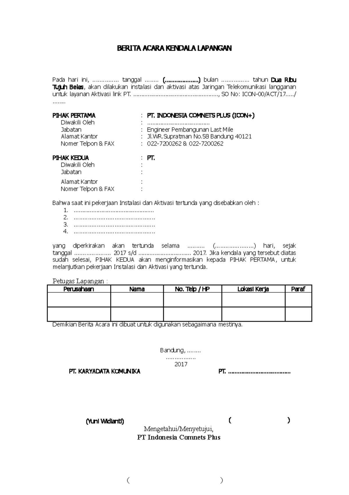 Kendala Instalasi Telekomunikasi: Berita Acara (BA) 2017 - Studocu