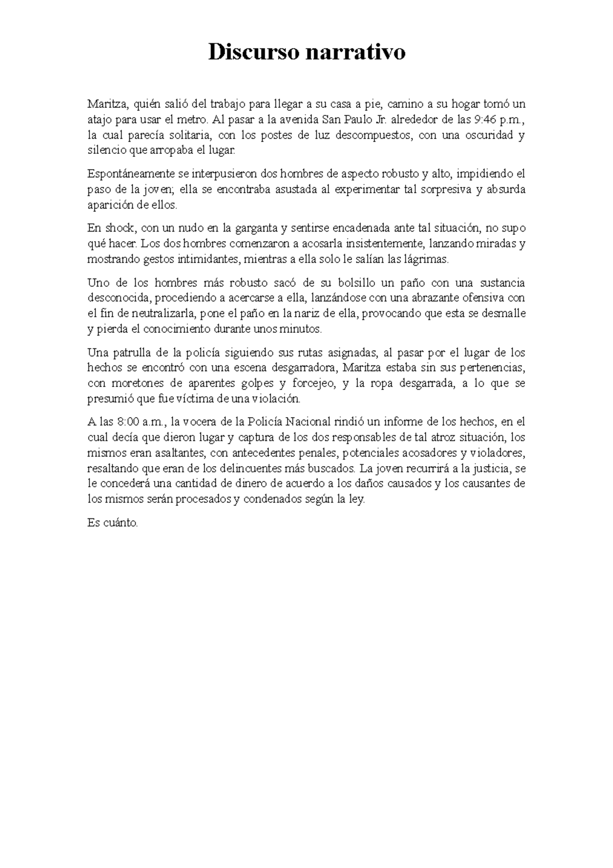 Discurso narrativo - Español - UFHEC - Studocu