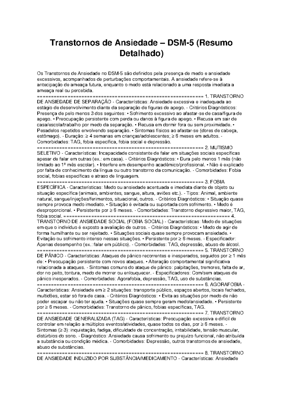 Transtornos de Ansiedade (DSM-5) - Resumo Detalhado - Studocu