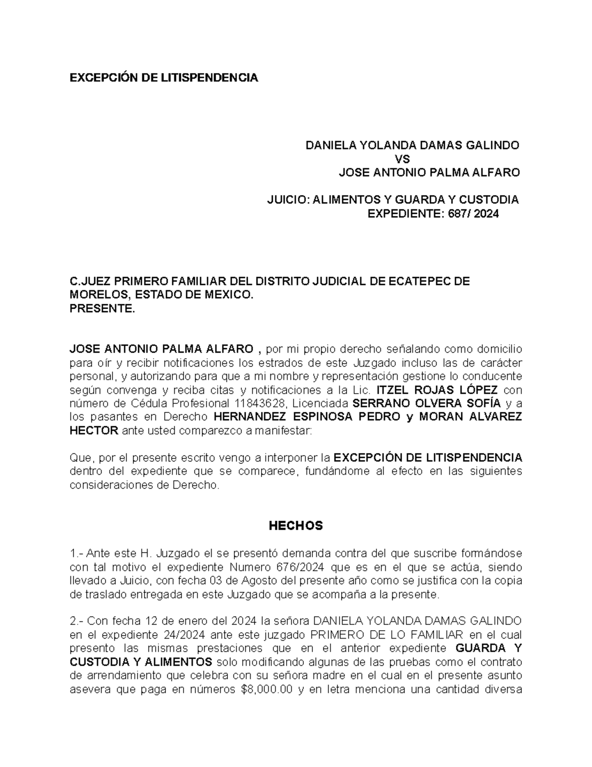 Excepción de Litispendencia en Juicio de Alimentos y Custodia 687/2024 ...
