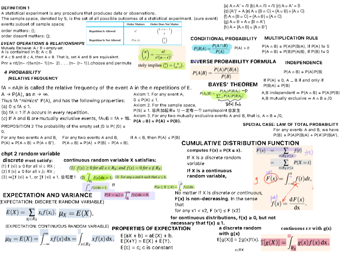 ST2334 cheatsheet - Summary Probability and Statistics - events:subset of sample space; order ...