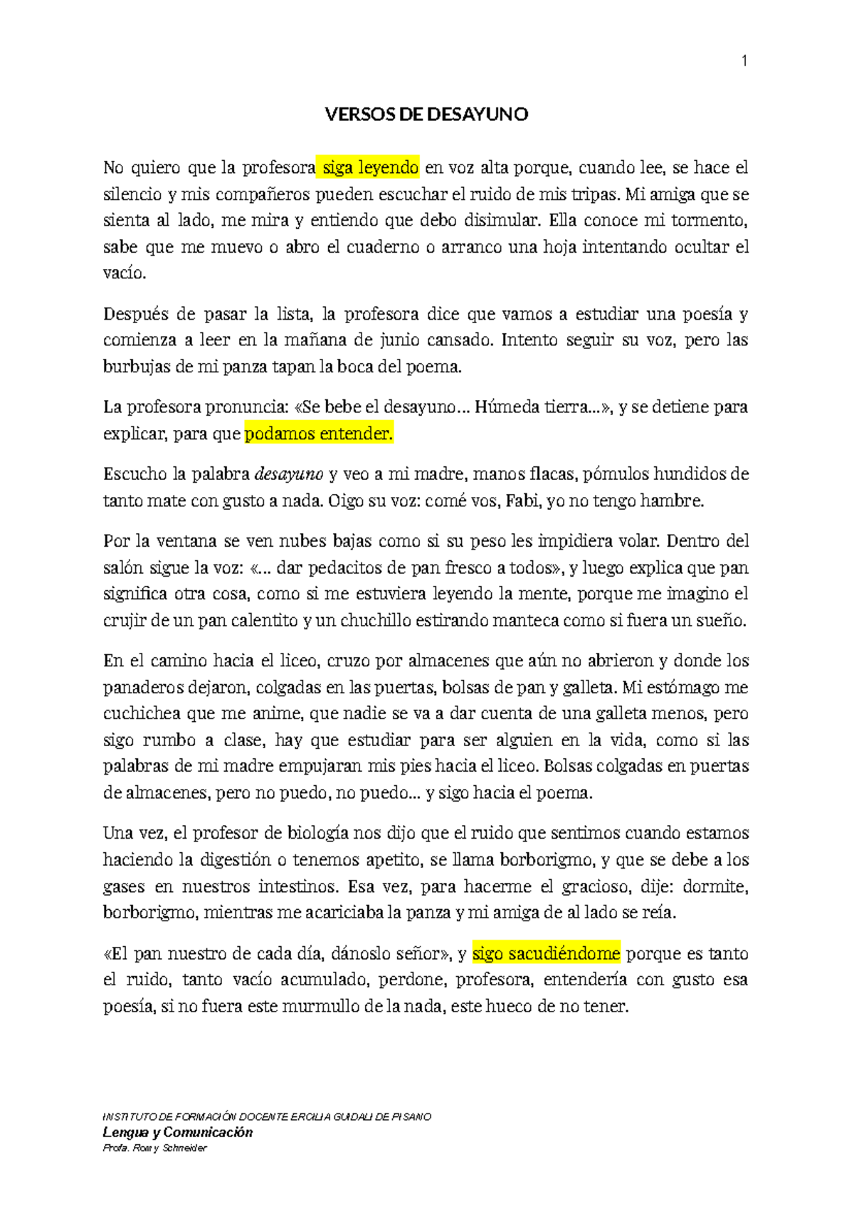 Versos de Desayuno - Texto de Ficción para Lengua y Comunicación - Studocu
