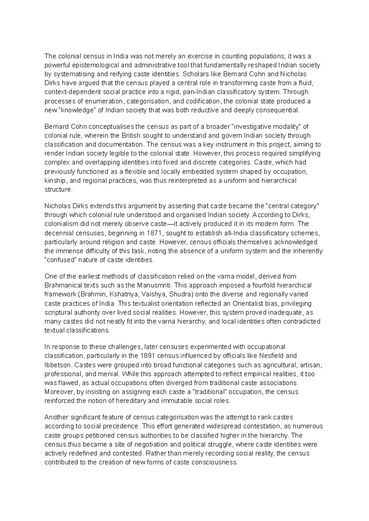 The Role of the Colonial Census in Shaping Caste Identities in India ...
