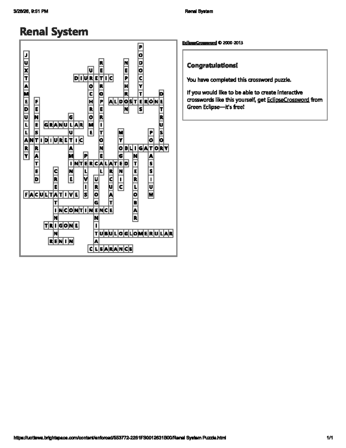 ANP 1107 Renal System Crossword Puzzle Solution - Studocu