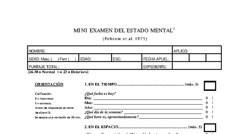 MINI EXAMEN DEL ESTADO MENTAL 1 - Folstein et al. 1975 - Studocu