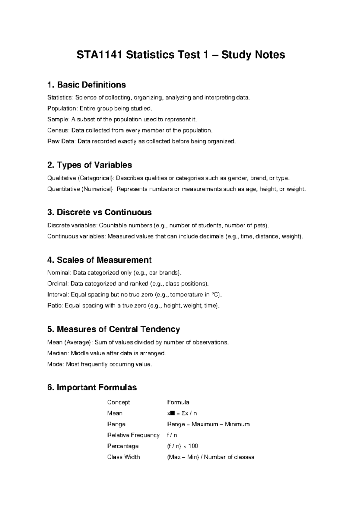 STA1141 Statistics Test 1 Study Notes: Key Concepts & Definitions - Studocu