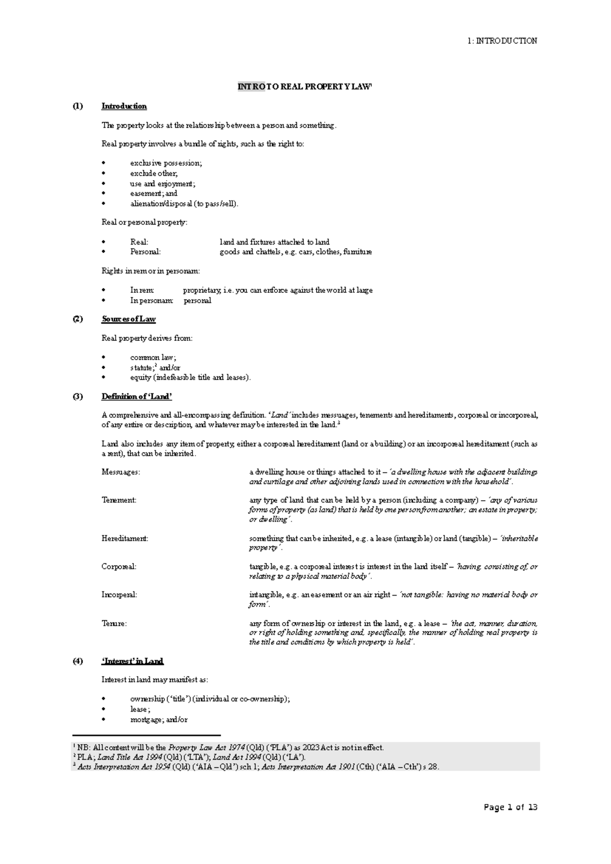 Week 1 Introduction to Property Law Notes - INTRO TO REAL PROPERTY LAW ...