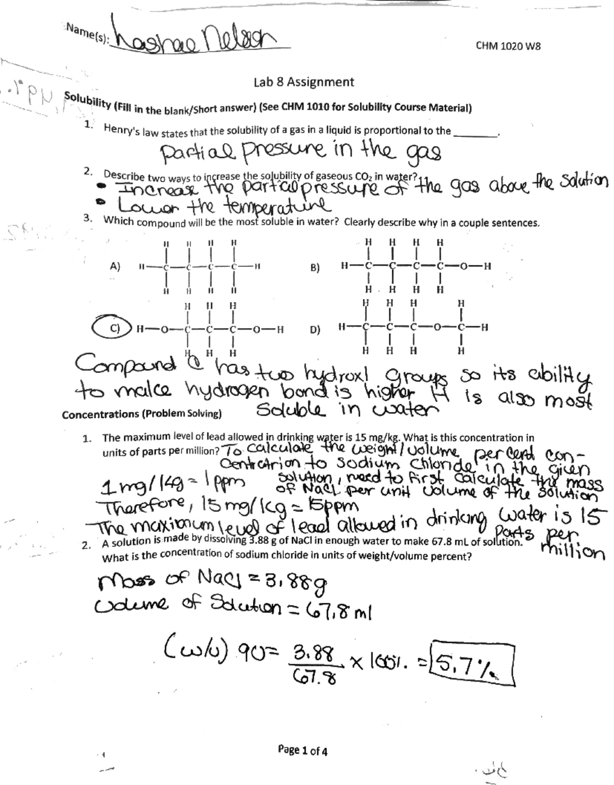 Week 8 - Weekly assignment - Name(s): hashae nelson CHM 1020 W8 1 PN Lab 8 Assignment Solubility ...