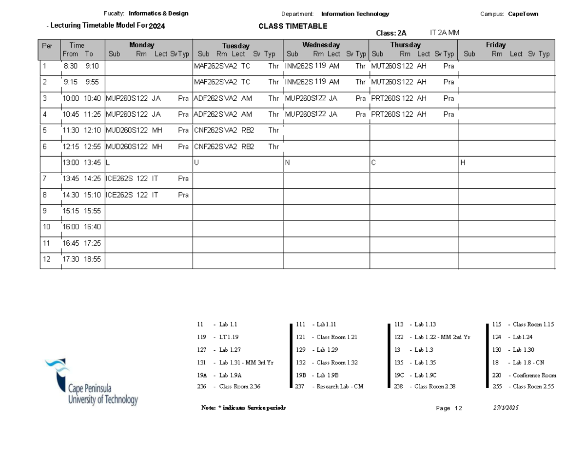 Informatics Design Dept: 2024 Class Timetable for IT 2A, 2B, 2D, 2E, 2G ...