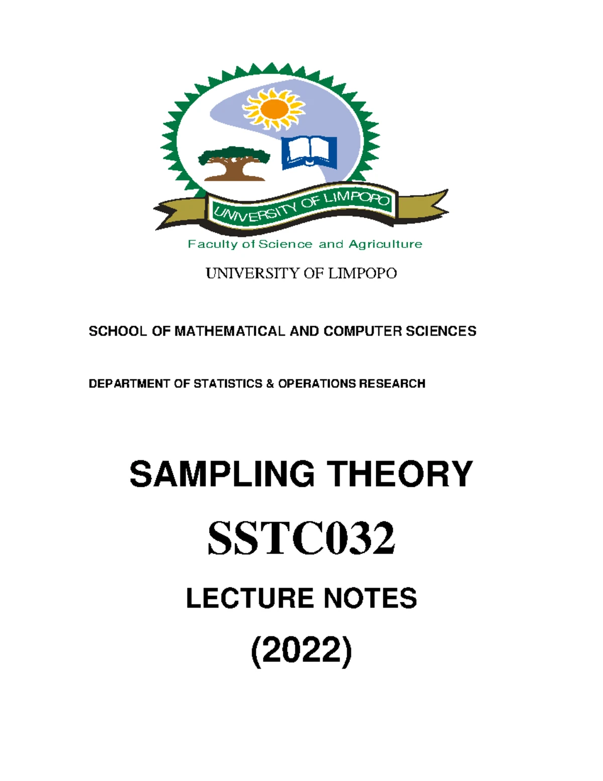 Sstc032 Sampling Theory Lecture Notes University Of Limpopo 2025 8945
