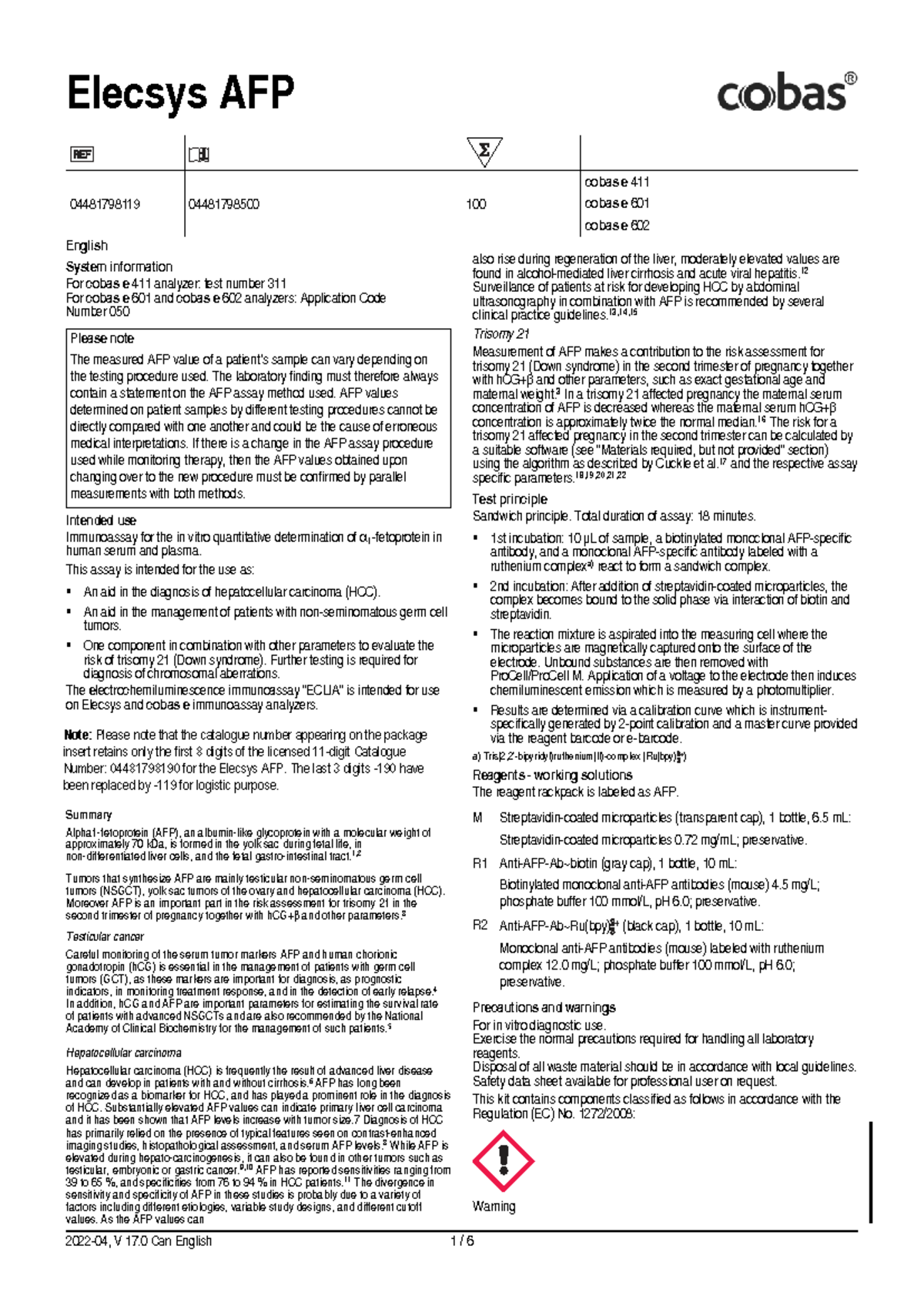 Elecsys AFP Assay Information for In Vitro Diagnostics - 04481798190 ...